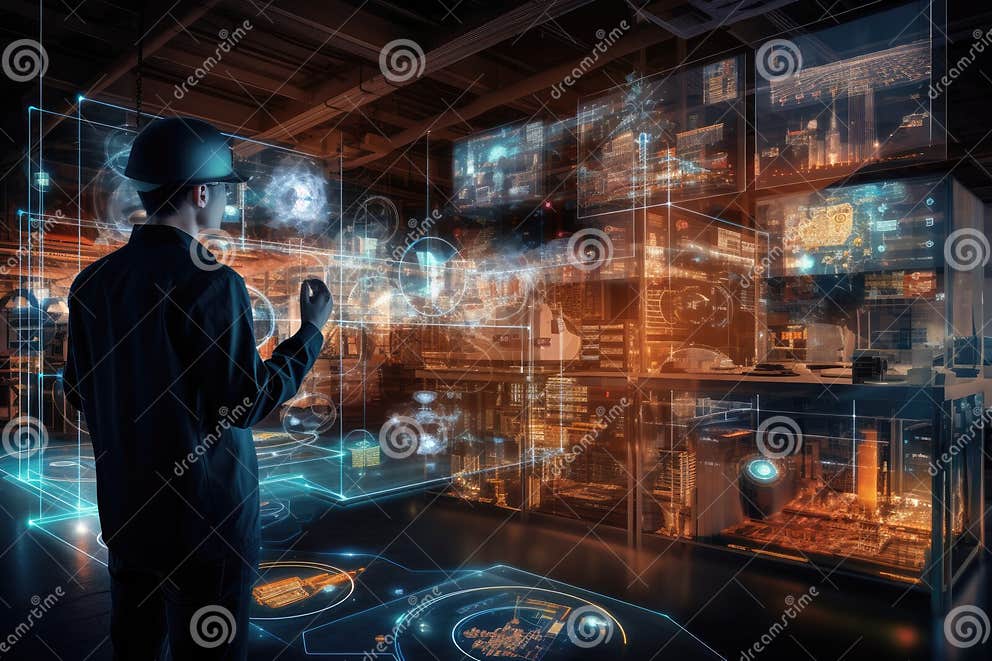 Engineer Working with Virtual Panel Interface. Mixed Media. Mixed Media ...