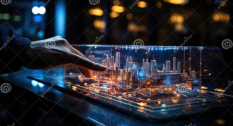 Engineer Working on the Visual Design of a City with Holograms and ...