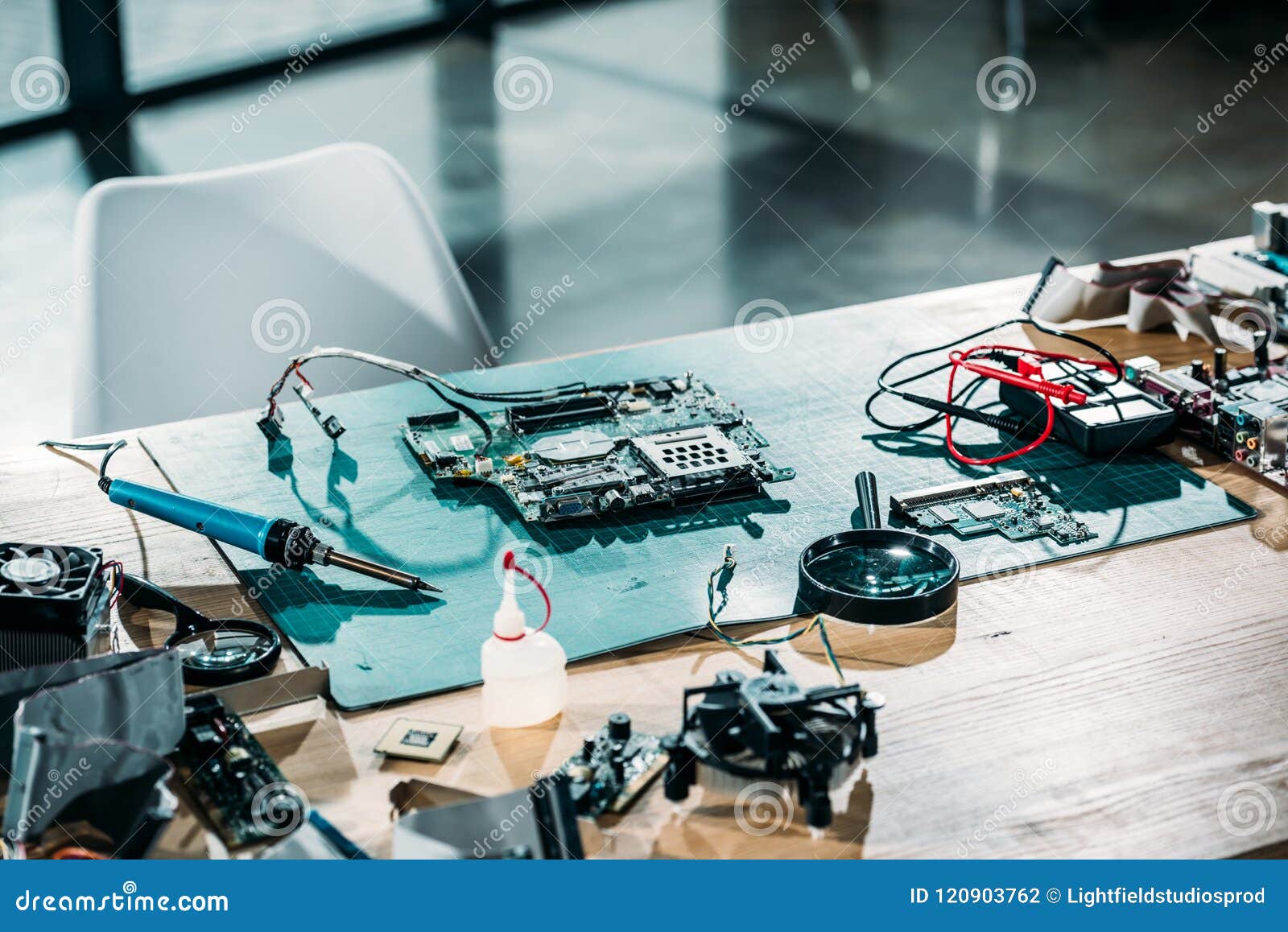 Engineer Workplace with Circuit Board Stock Photo - Image of ...