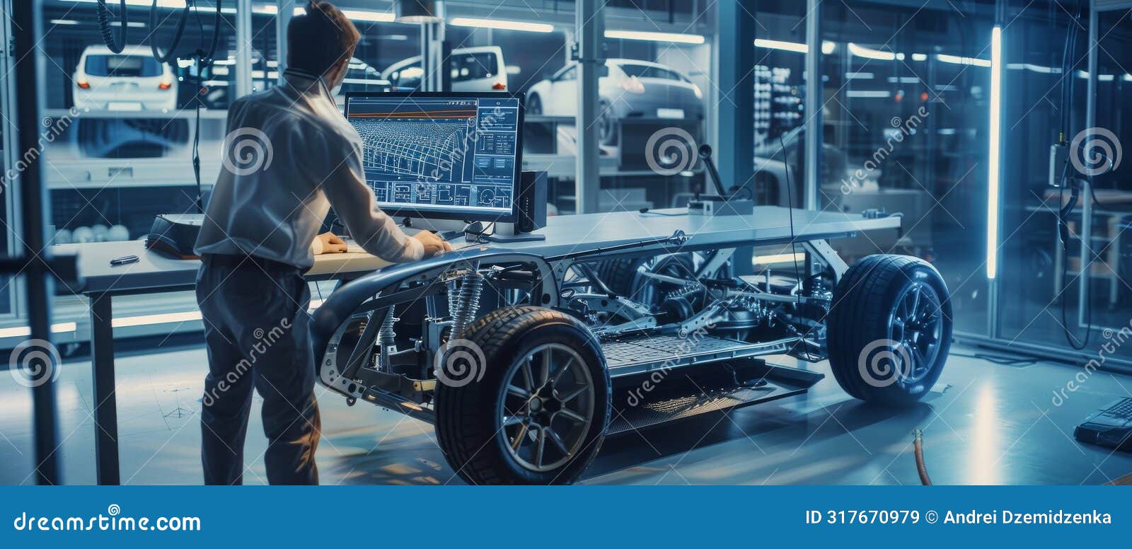 An Engineer Works with a Computer and CAD Software To Test a Prototype ...