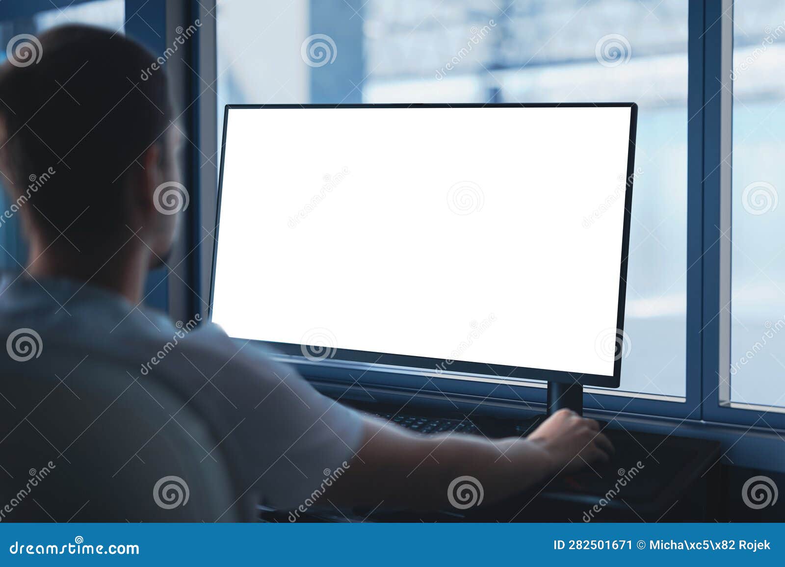 An Engineer Works on a Computer with an Empty Blank Screen - Template ...