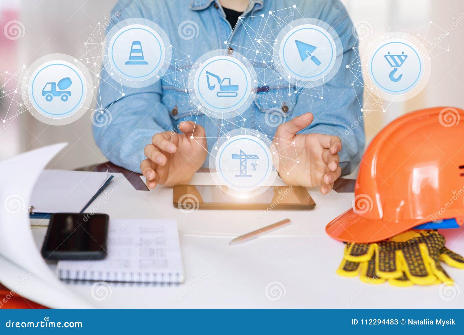 Engineer Works on a Virtual Screen with . Stock Image - Image of ...