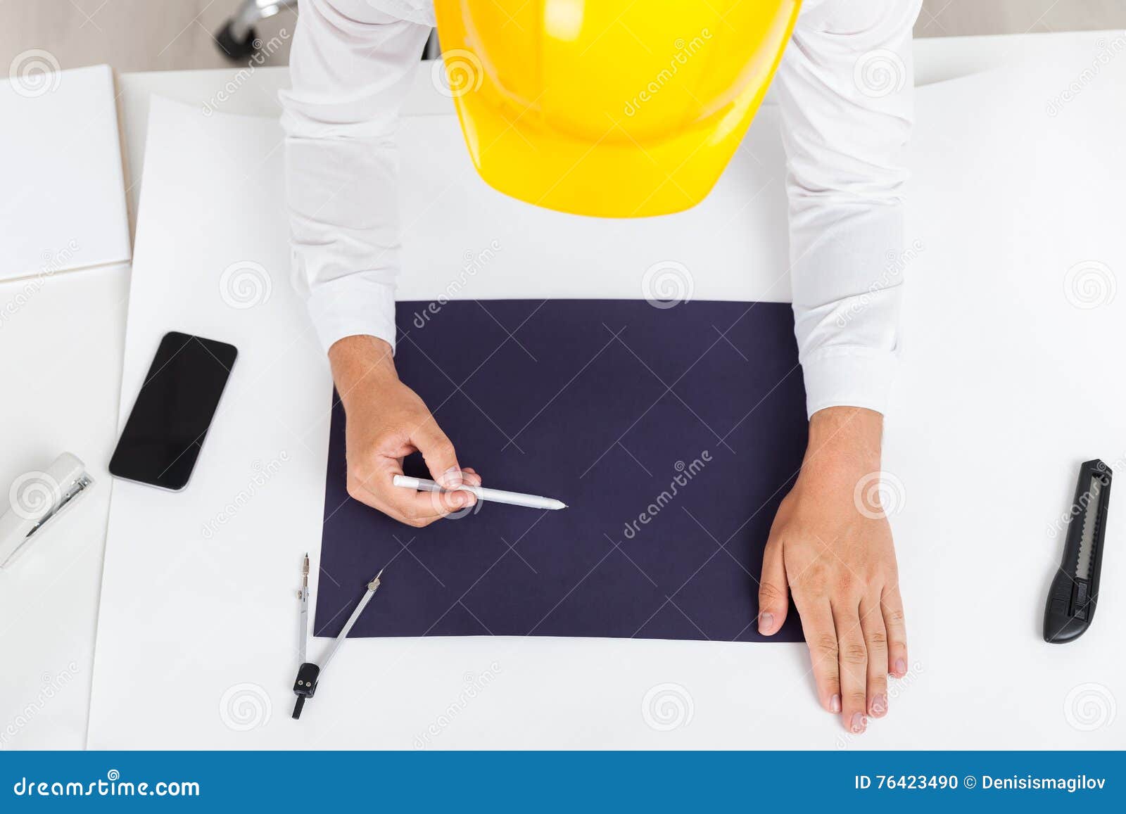 Engineer in Yellow Helmet Drawing Blueprint Stock Photo - Image of hard ...