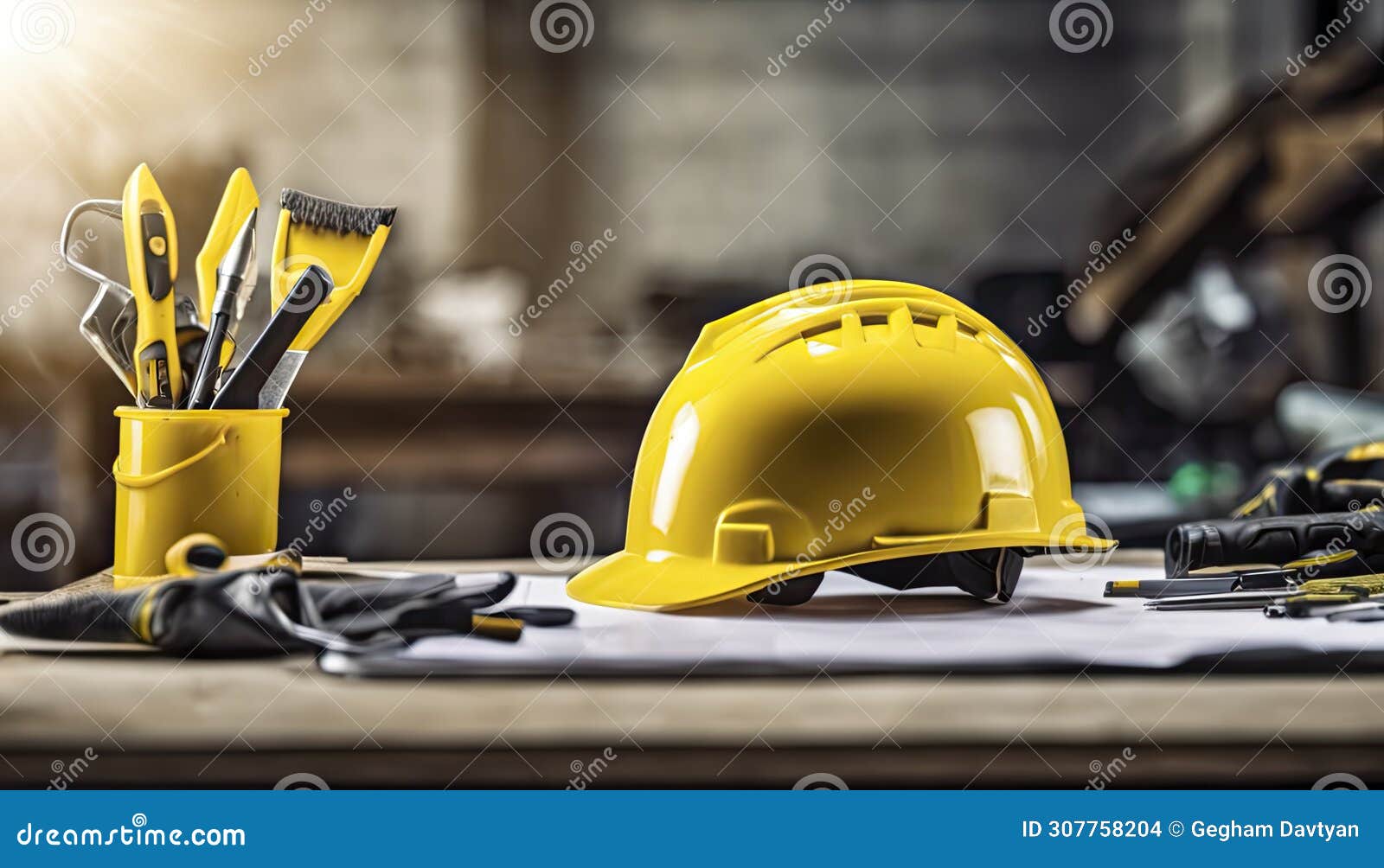 Yellow Helmet on the Table, Construction Equipments on the Table ...