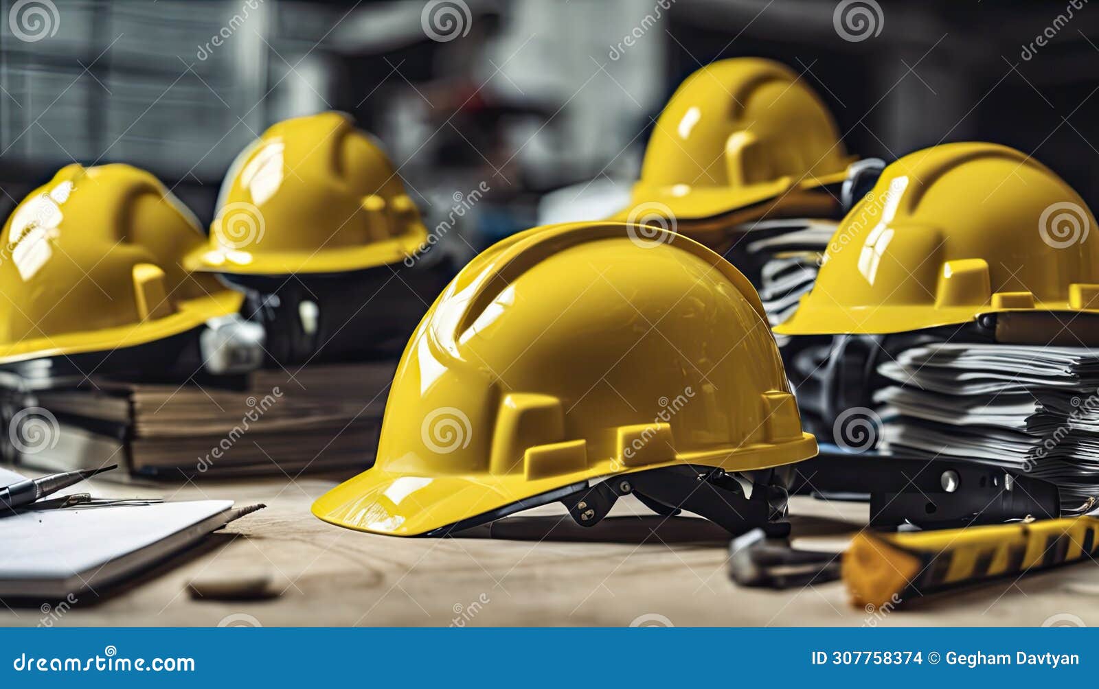 Yellow Helmet on the Table, Construction Equipments on the Table ...
