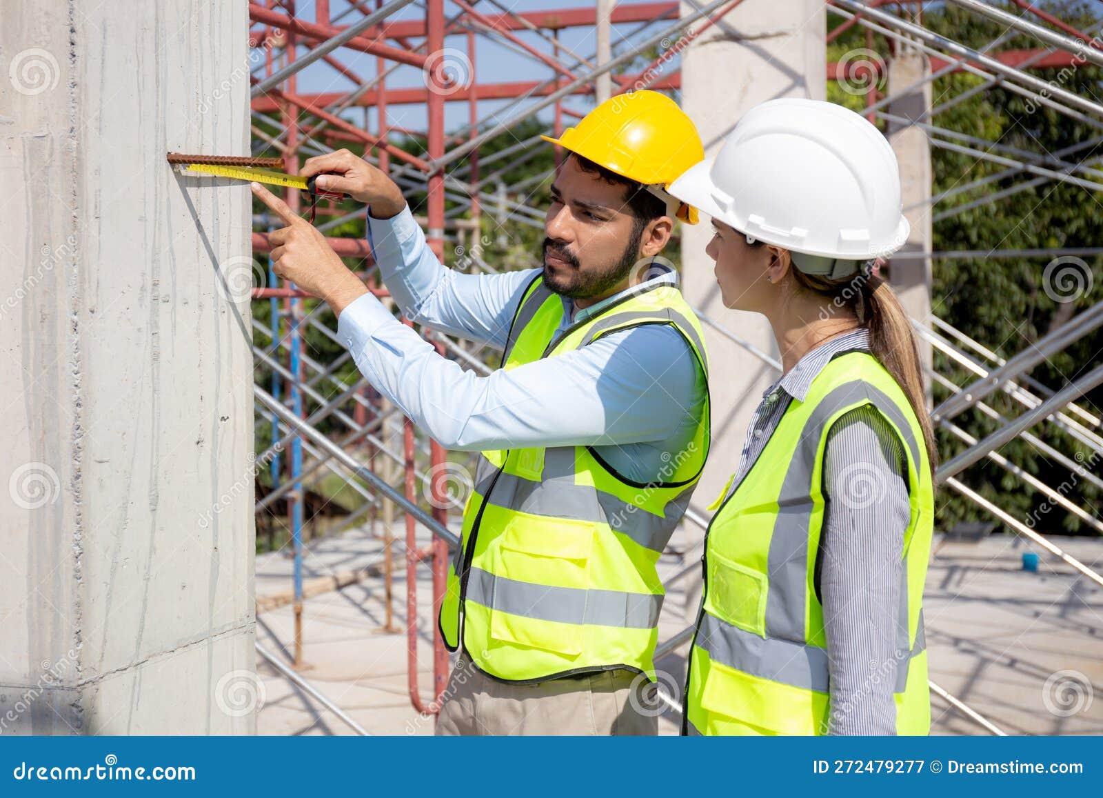 Engineer Young Man and Woman Using Tape Measure for Check and Examining ...