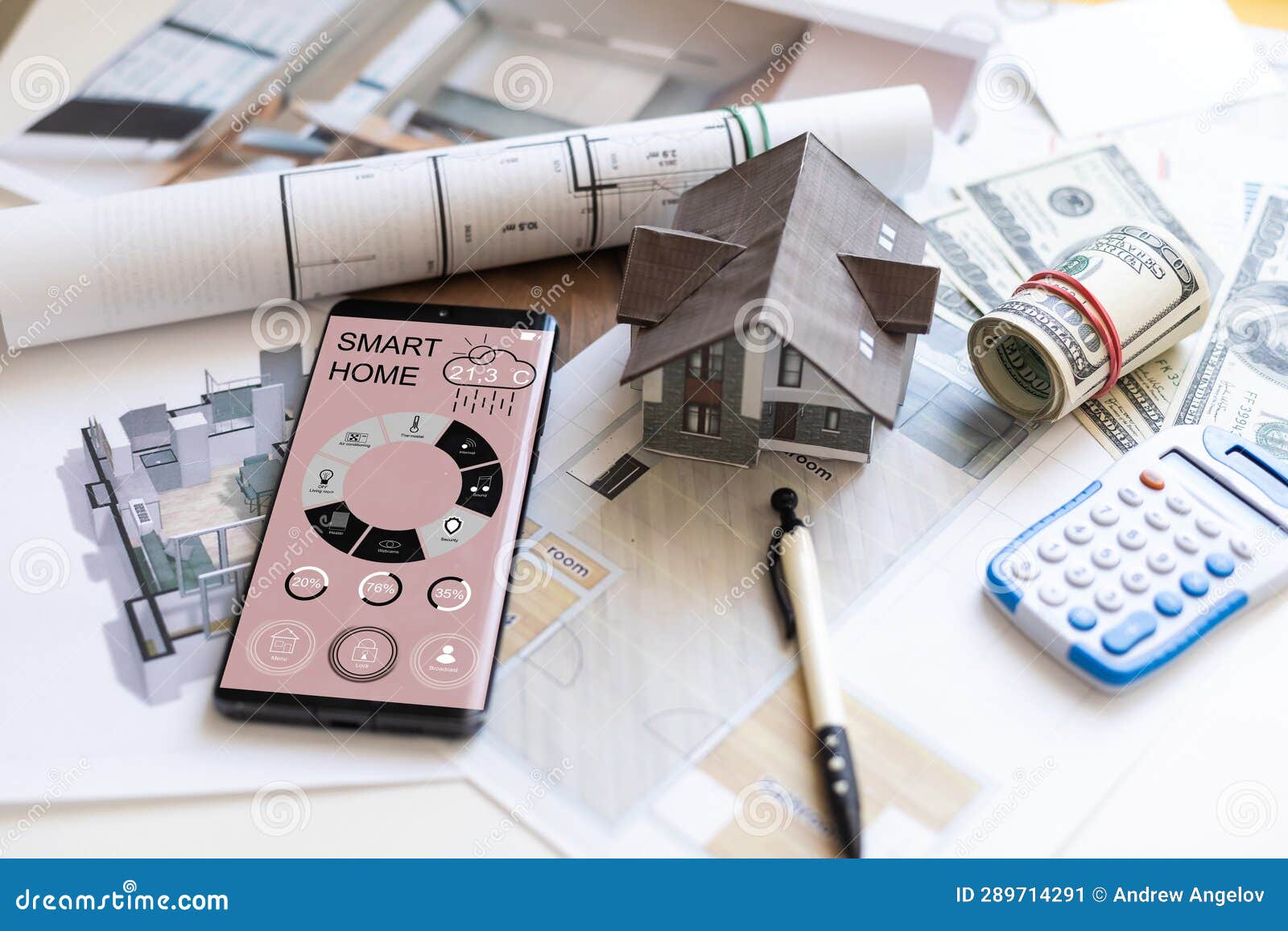 Engineering or Architect Tools, Blueprint and Building Model on Table ...