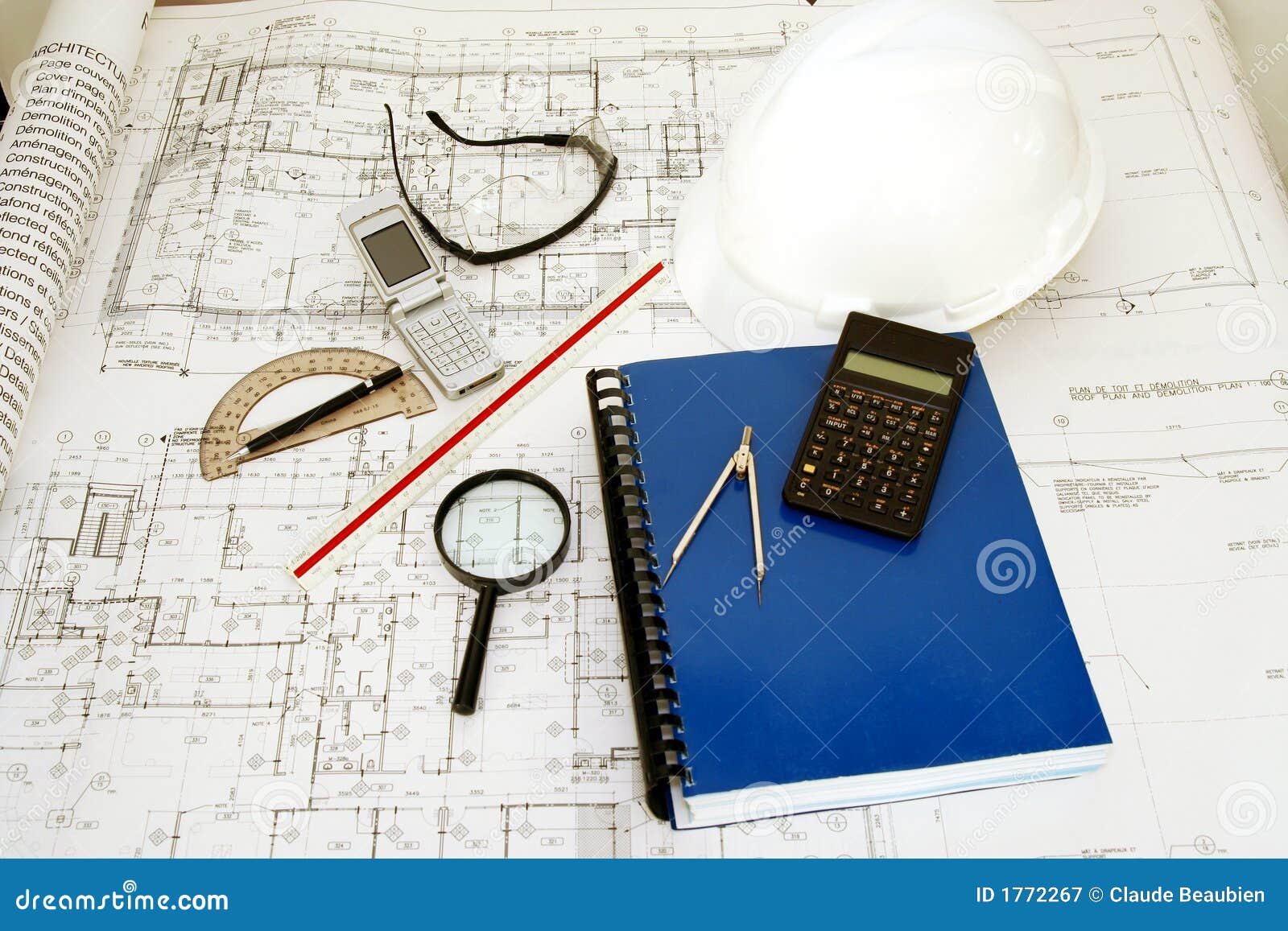 Engineering And Architecture Drawings On Workplace. Architect Desk With ...