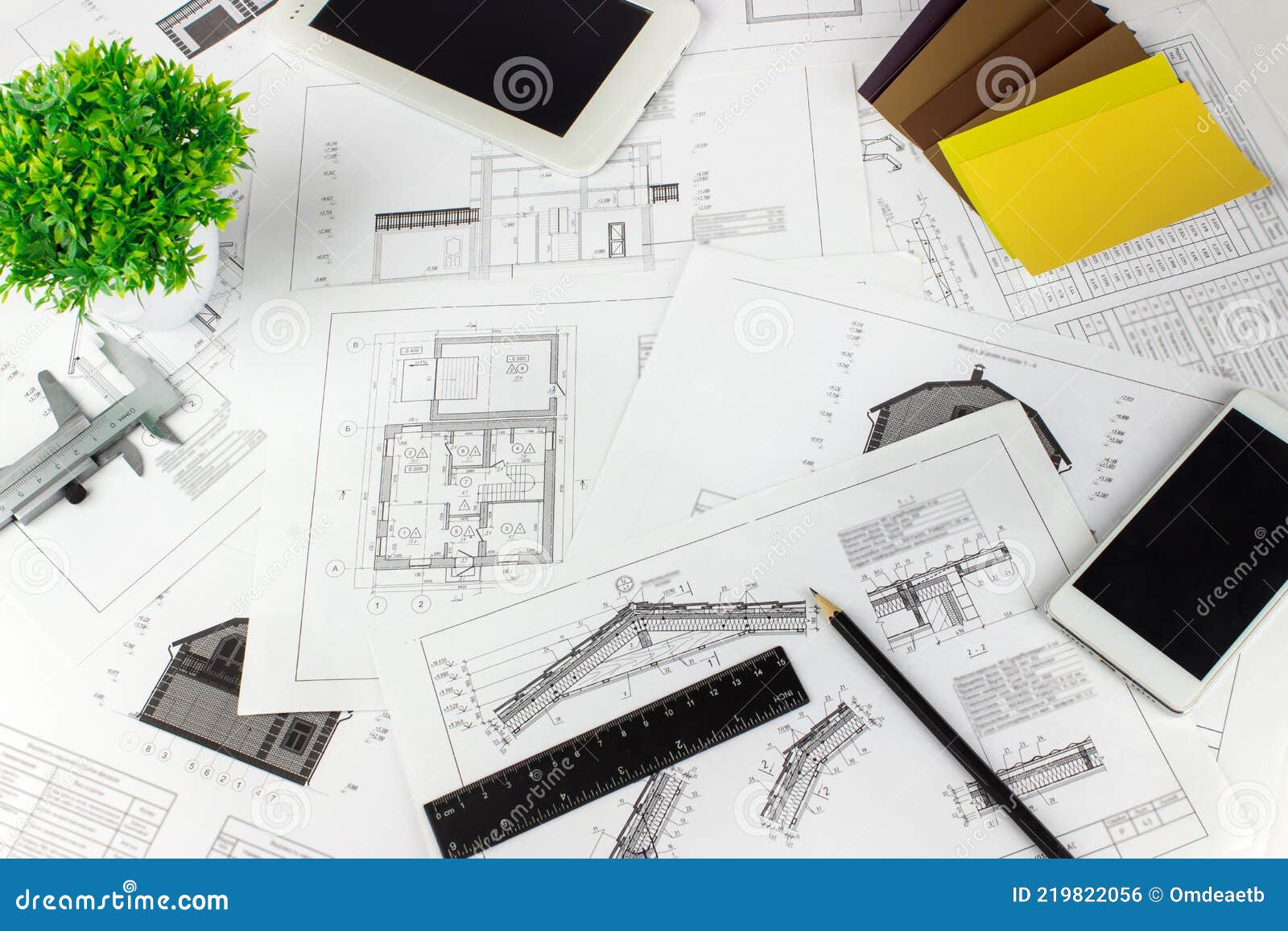 Workplace Of Architect - Architectural Project, Blueprints, Rolls And ...