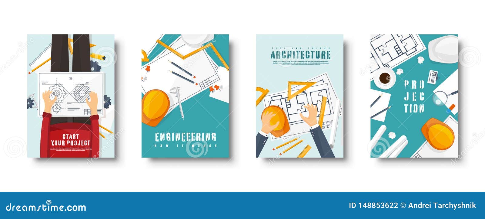 Engineering and Architecture Flat Style Covers Set. Drawing ...