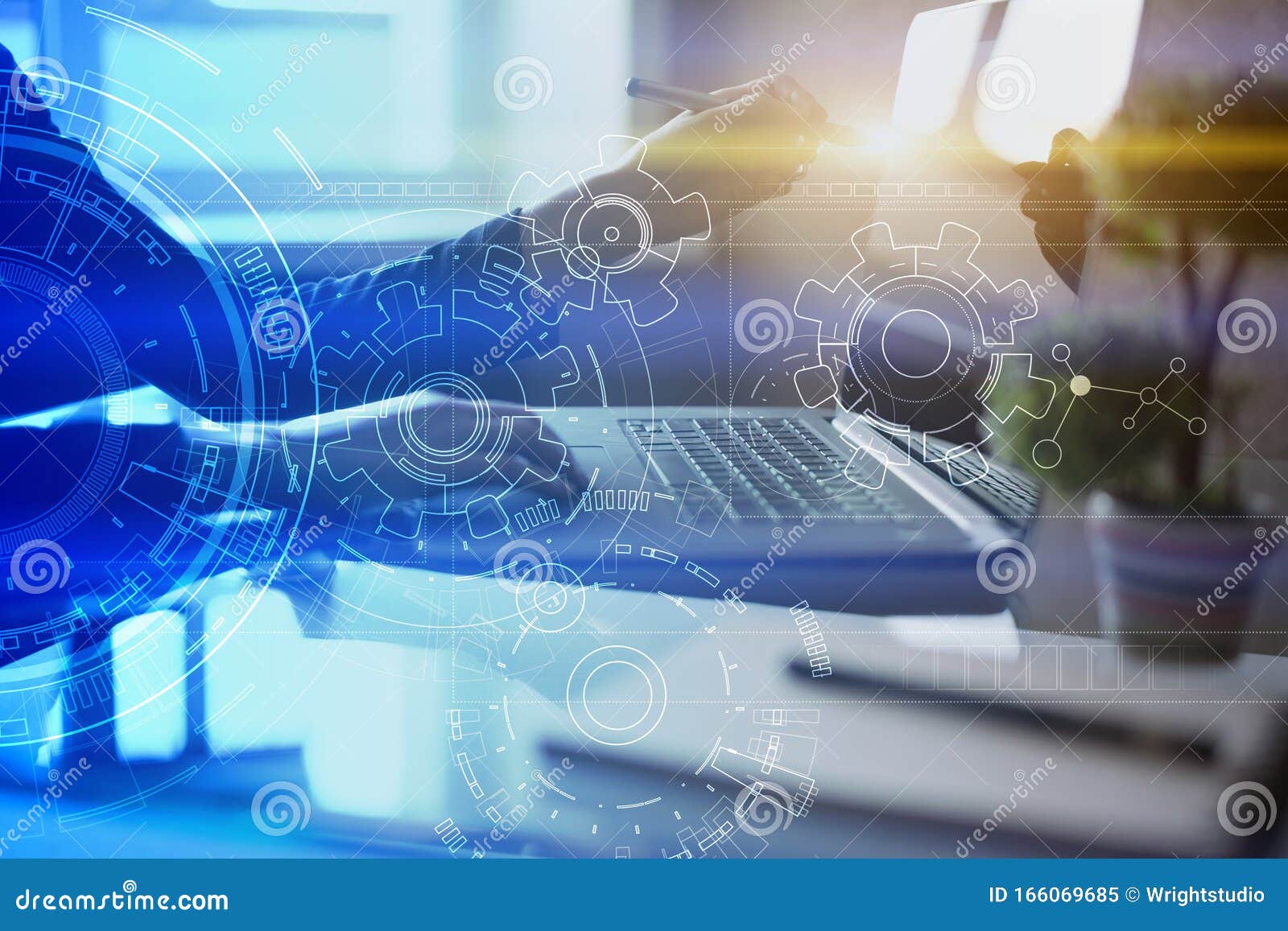 Engineering Background with Gears Draft on Virtual Screen. Business ...