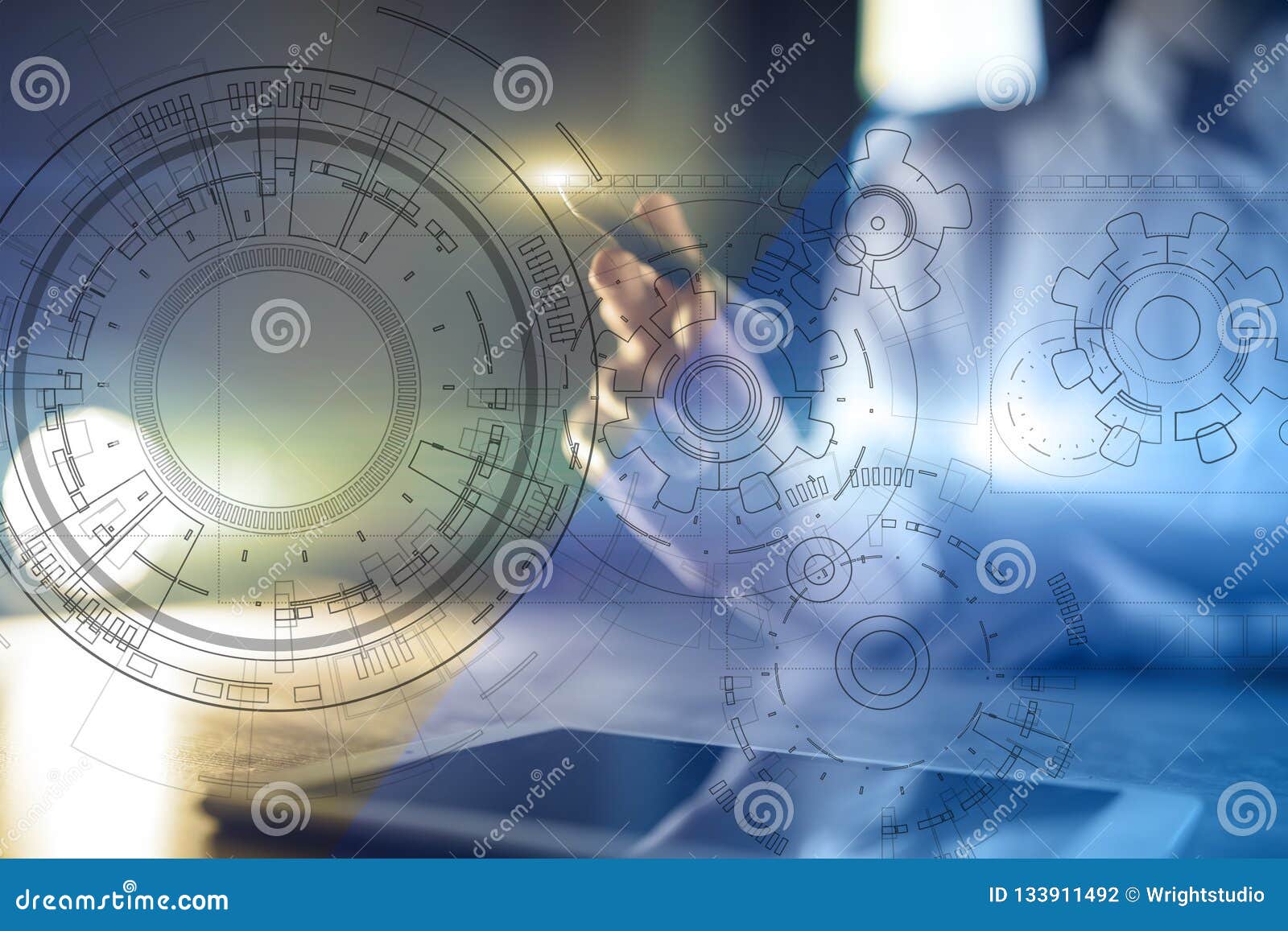 Engineering Background with Gears Draft on Virtual Screen. Business ...