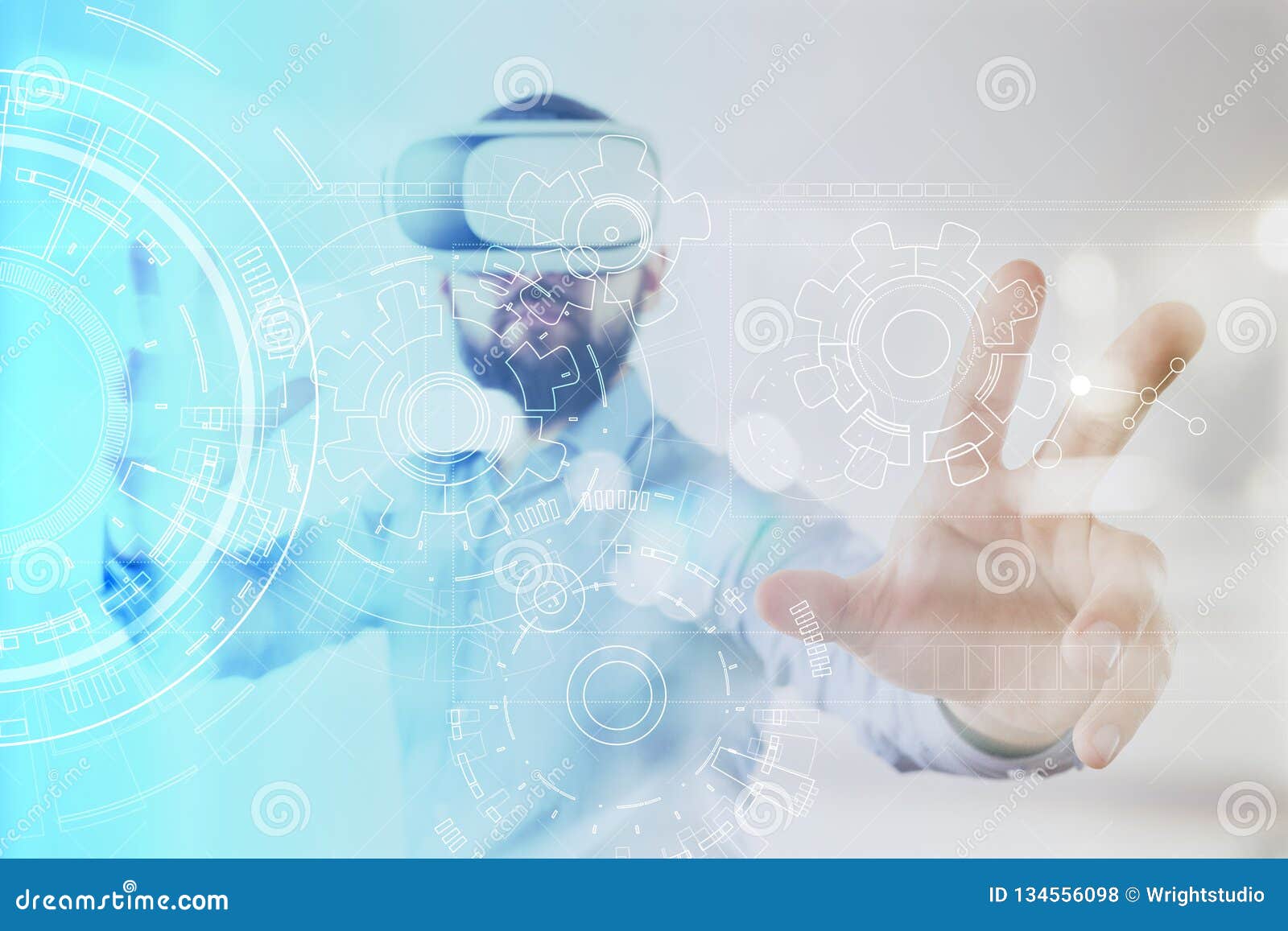 Engineering Background with Gears Draft on Virtual Screen. Business ...