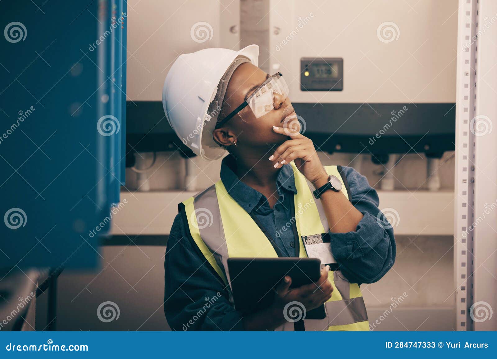 Engineering, Black Woman or Thinking on Tablet, Planning Solution or ...