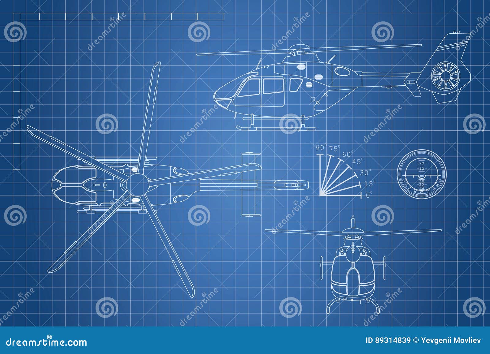 Engineering Blueprint of Helicopter. Helicopters View: Top, Side and ...