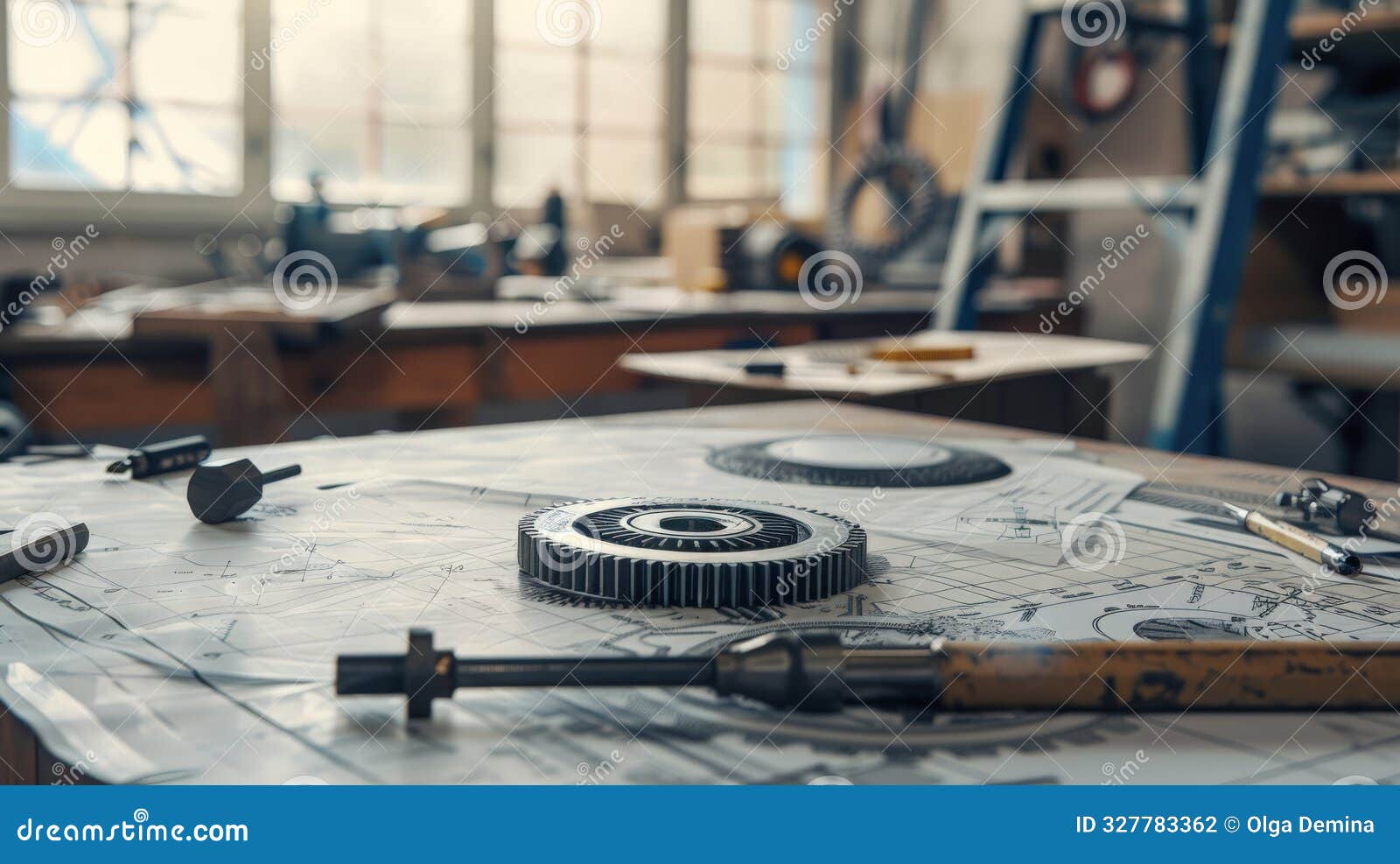 Engineering Blueprint with Mechanical Parts and Tools in a Workshop ...