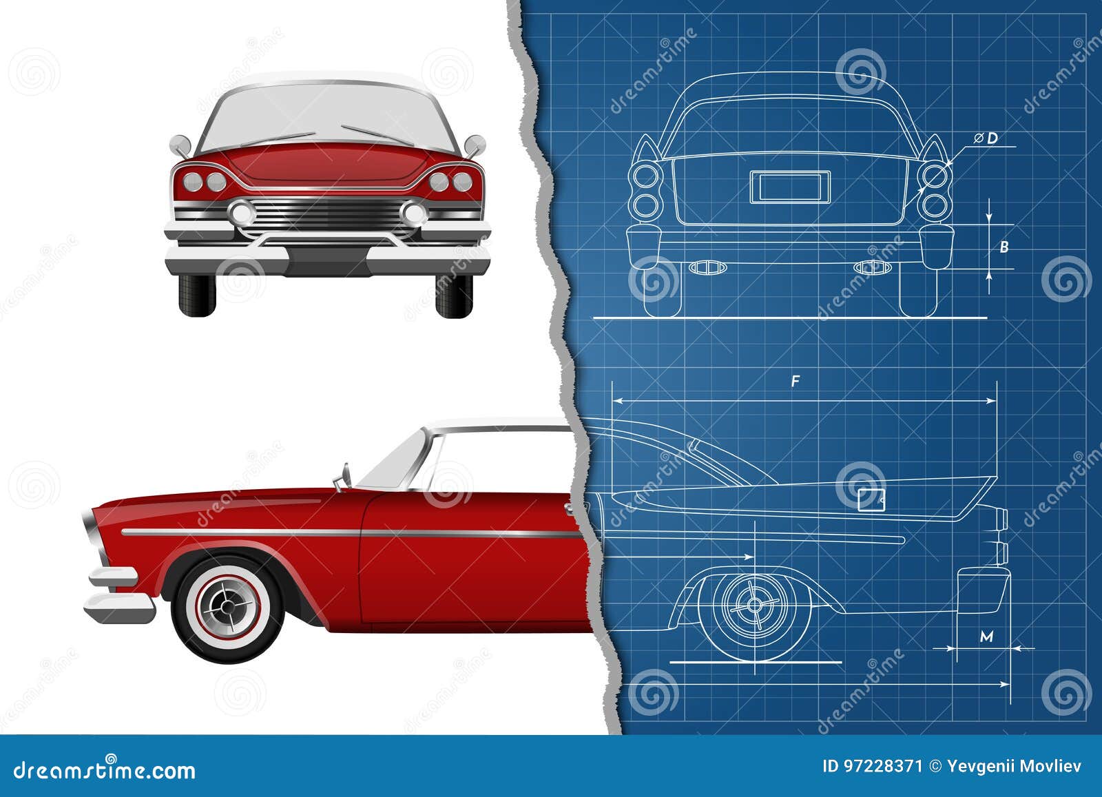 Engineering Blueprint of Retro Car. Vintage Cabriolet. Front, Side and ...