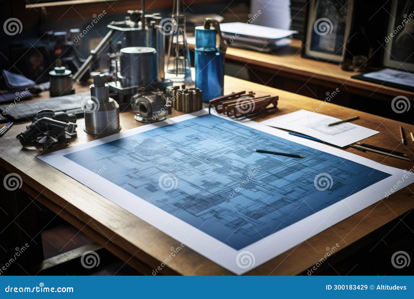 Engineering Blueprint with Steel Samples on a Desk Stock Image - Image ...