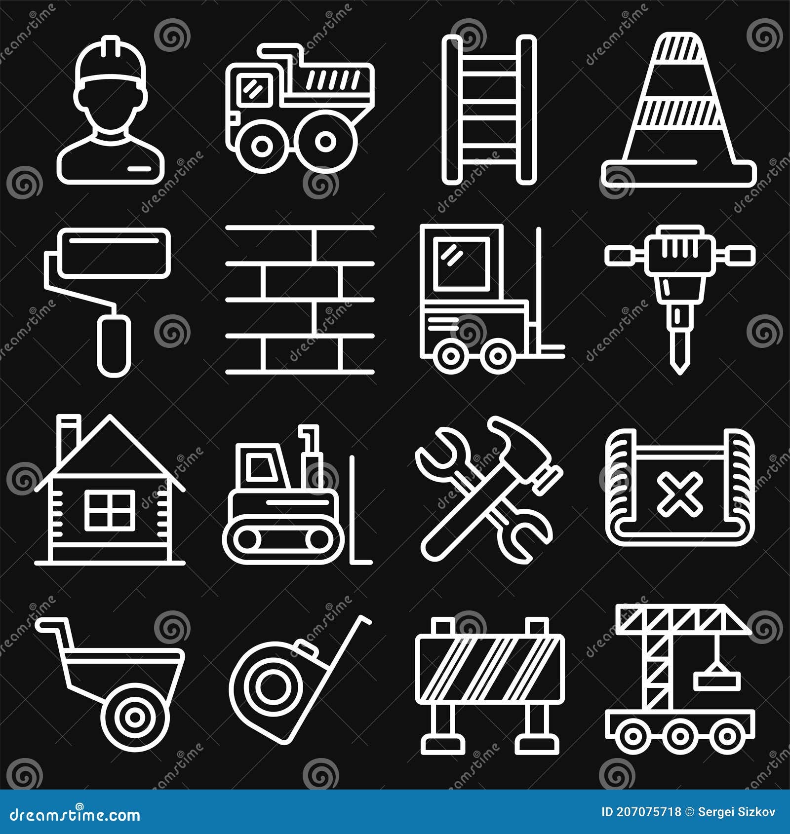 Engineering Building Construction Icons Set on Black Background. Line ...