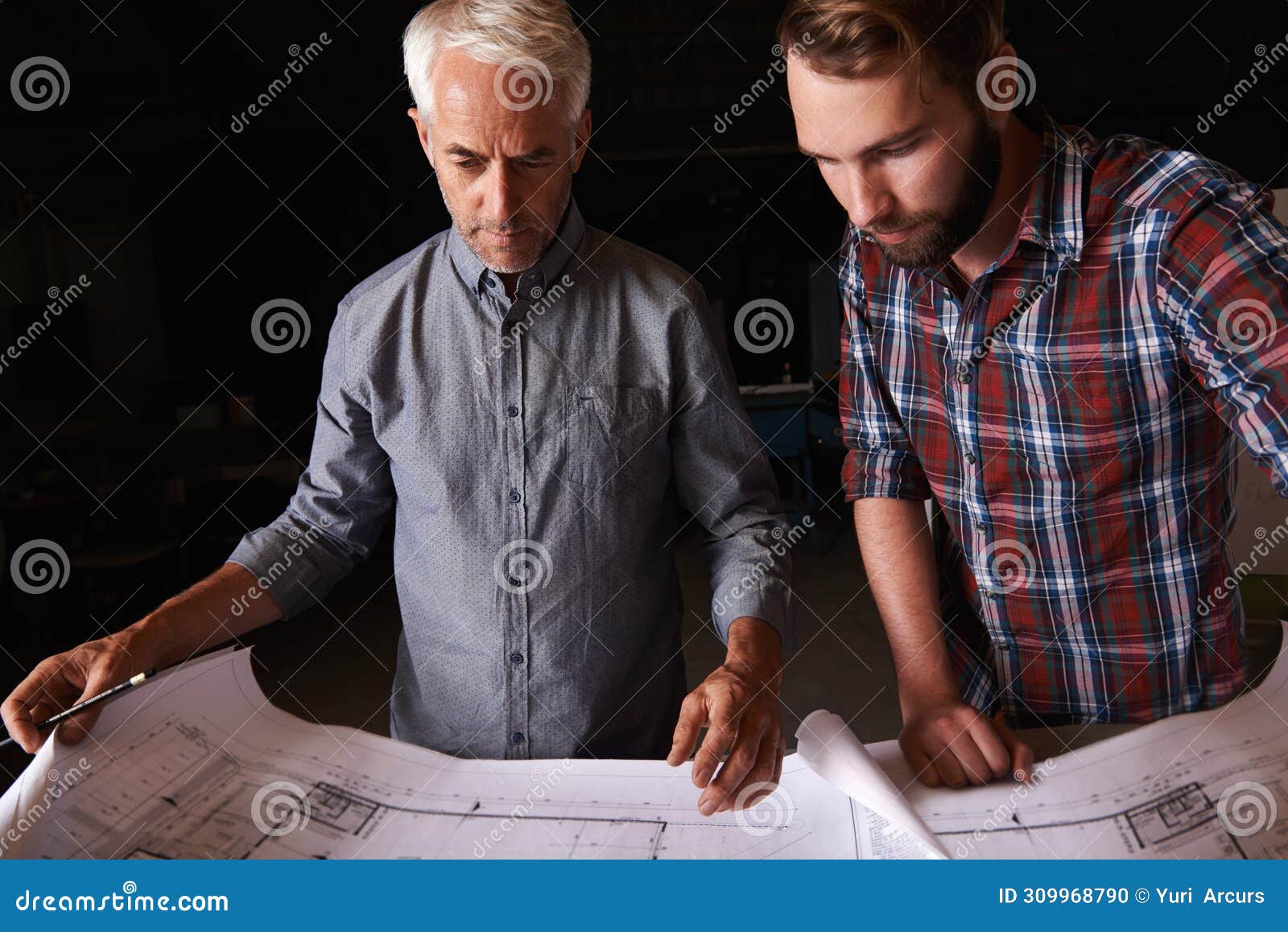 Engineering, Collaboration and Men with Architecture Blueprint in ...