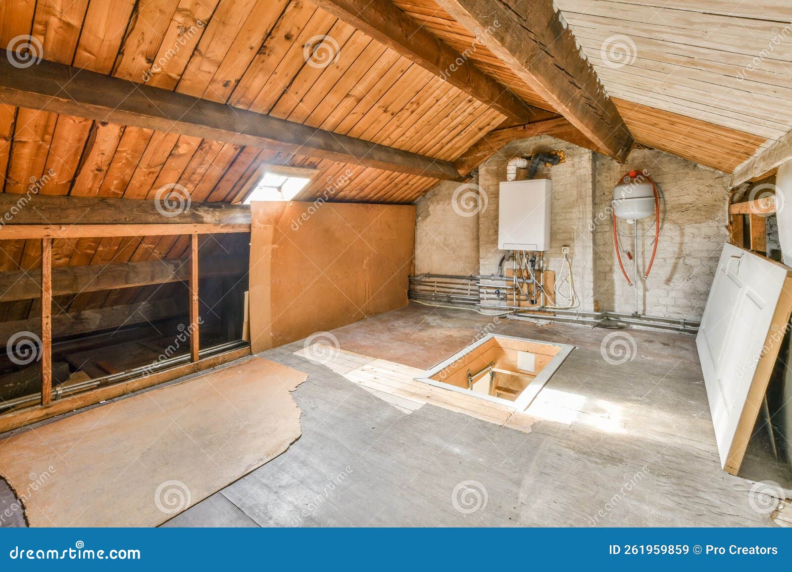 Empty attic room stock image. Image of long, piping - 261959859