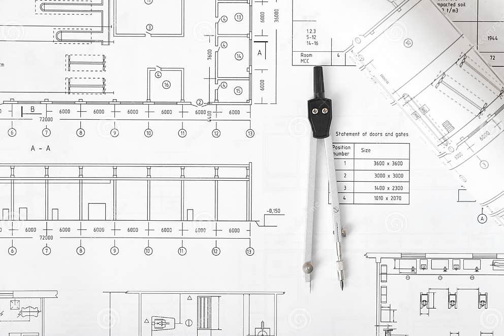 Engineering Compass is on Building Plan. Stock Image - Image of maths ...