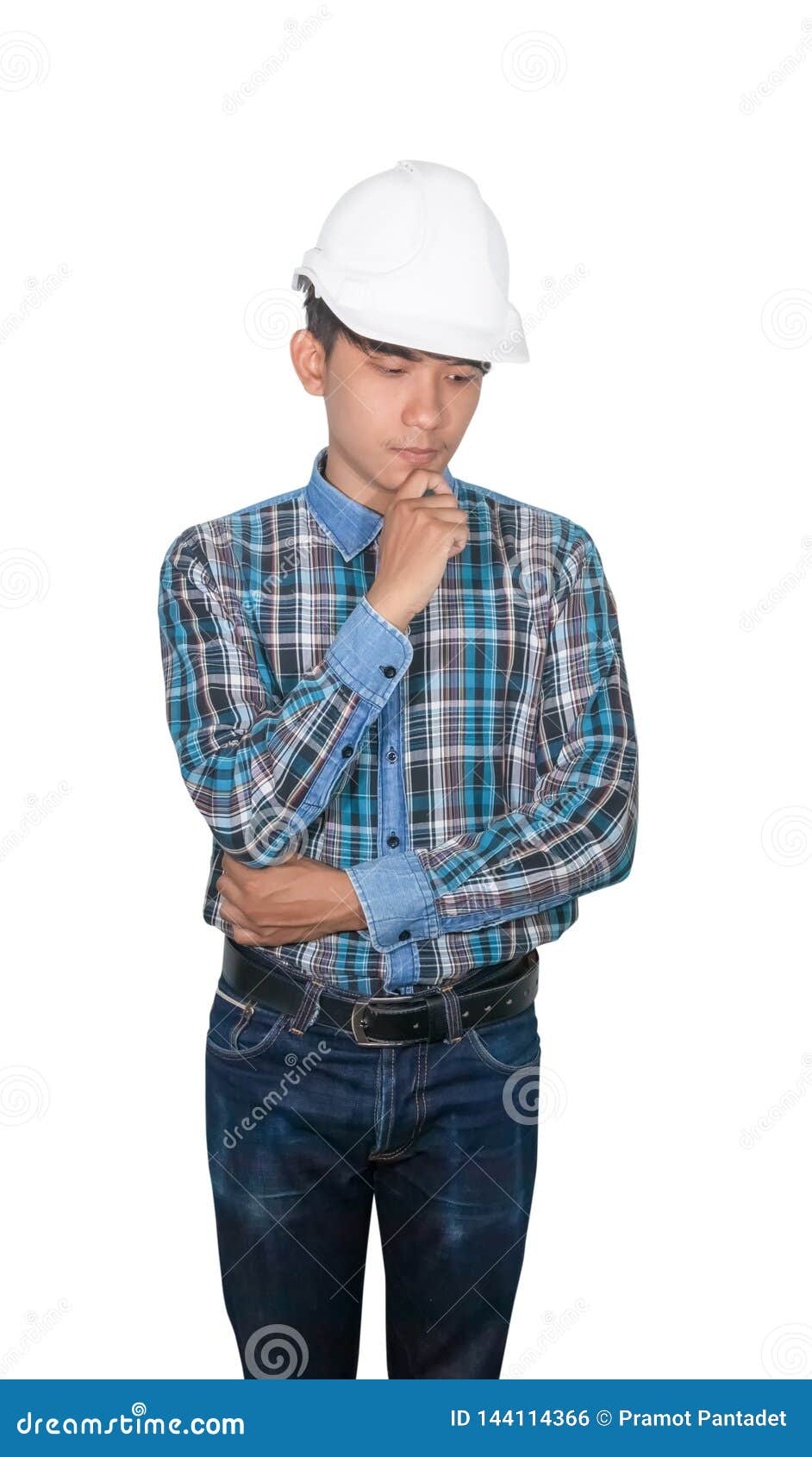 Engineering Construction Man Thinking and Wear White Safety Helmet ...