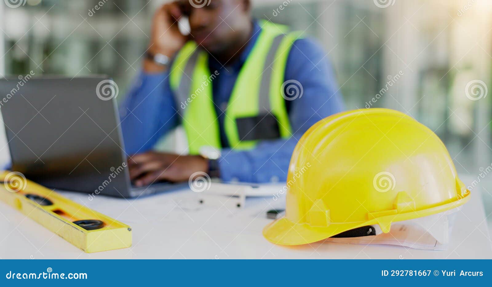 Engineering, Construction Tools and Architect with Helmet on Desk with ...