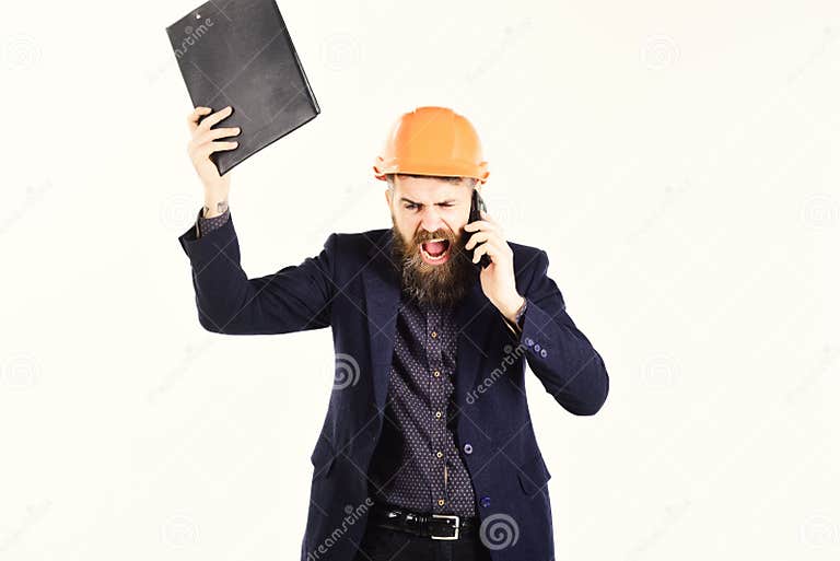 Engineering and Development Concept. Architect or Angry Engineer Shouts ...