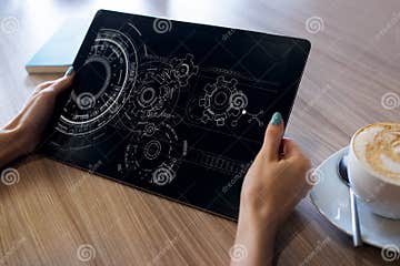 Engineering Diagram on Device Screen. Technology and Automation Concept ...