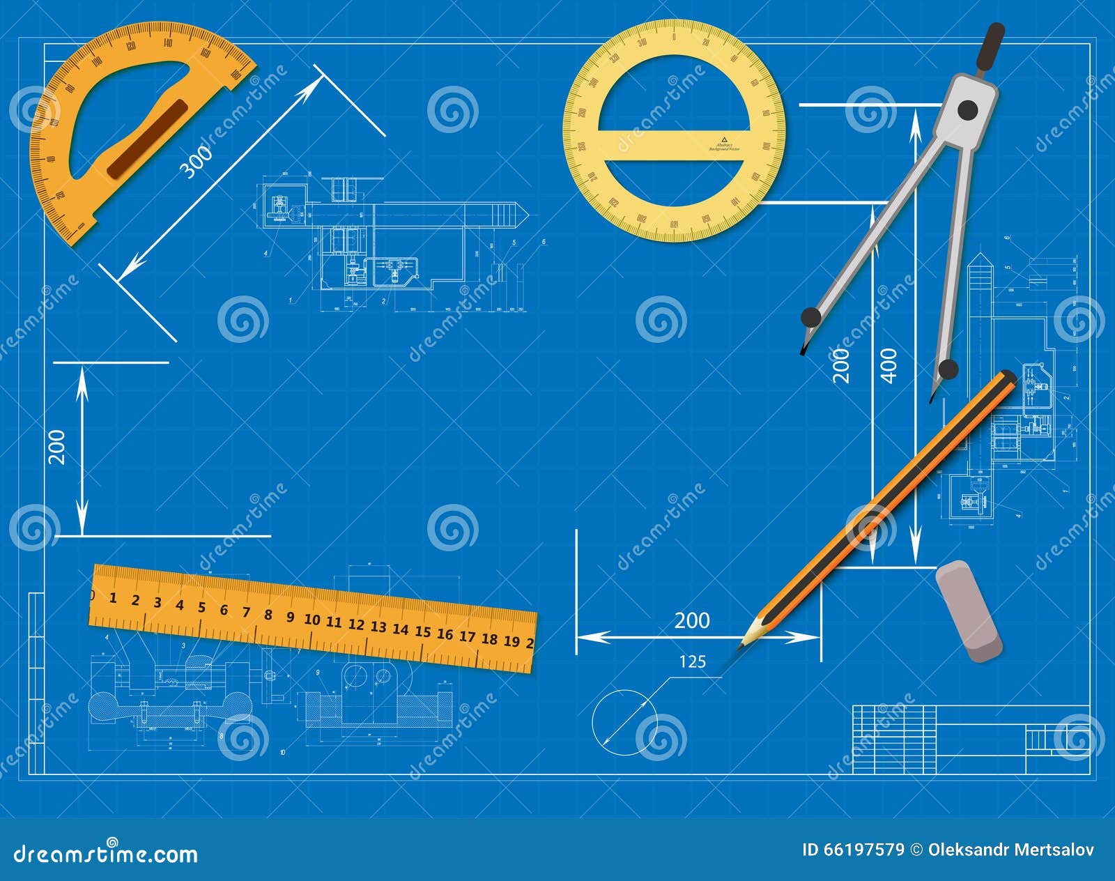 Engineering Drawing on a Blue Background and Tools To Measure Stock ...