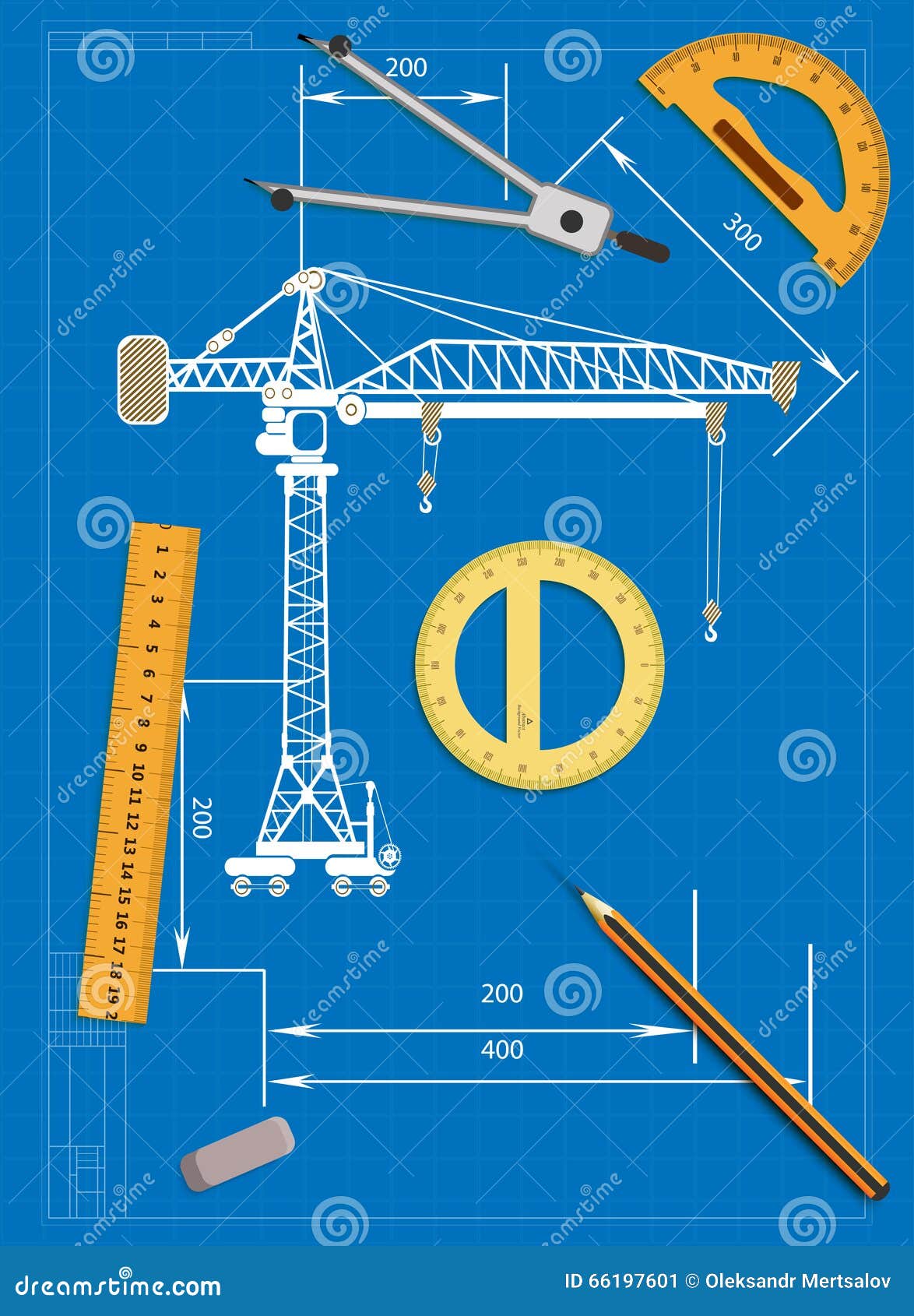 Engineering Drawing on a Blue Background and Tools To Measure Stock ...