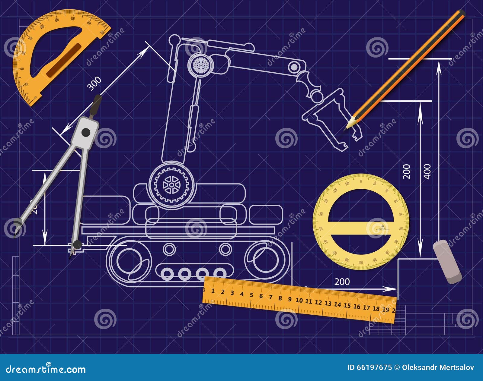 Engineering Drawing on a Blue Background and Tools Stock Vector ...