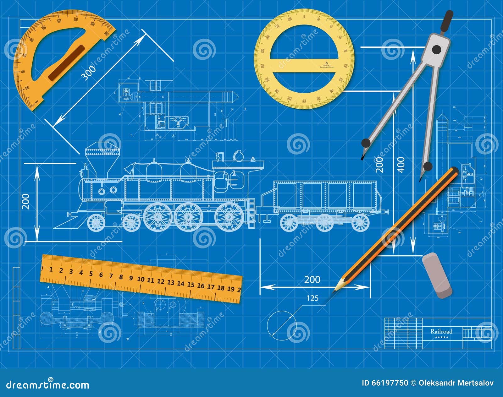 Engineering Drawing on a Blue Background and Tools Stock Vector ...