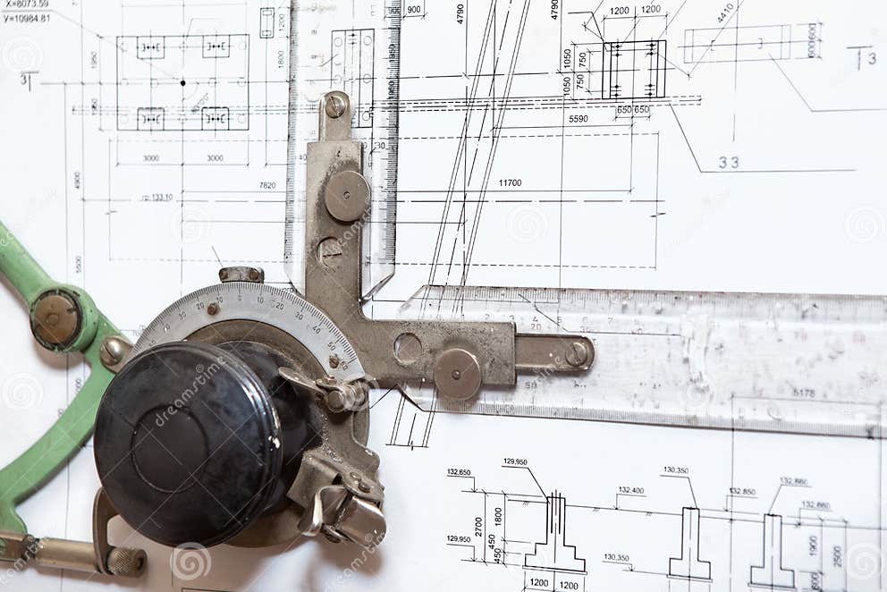 Engineering Drawing Board with Blueprint Stock Photo - Image of ...