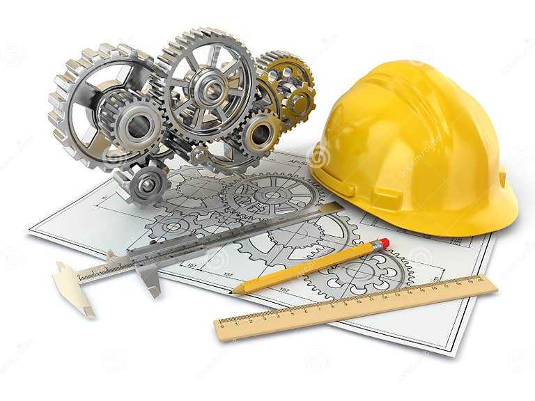 Engineering Drawing. Gear, Hardhat, Pencil and Draft Stock Illustration ...
