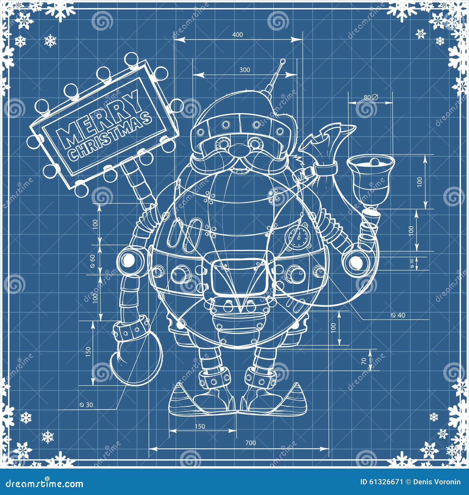 Engineering Drawing Robot Santa On Blue Paper Cartoon Vector ...