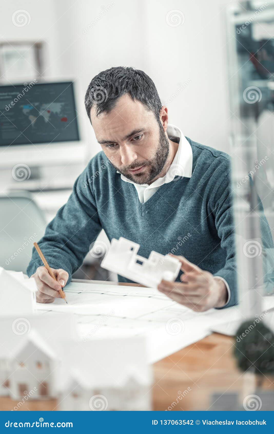 Serious Skilled Adult Engineer Doing a Blueprint Stock Photo - Image of ...