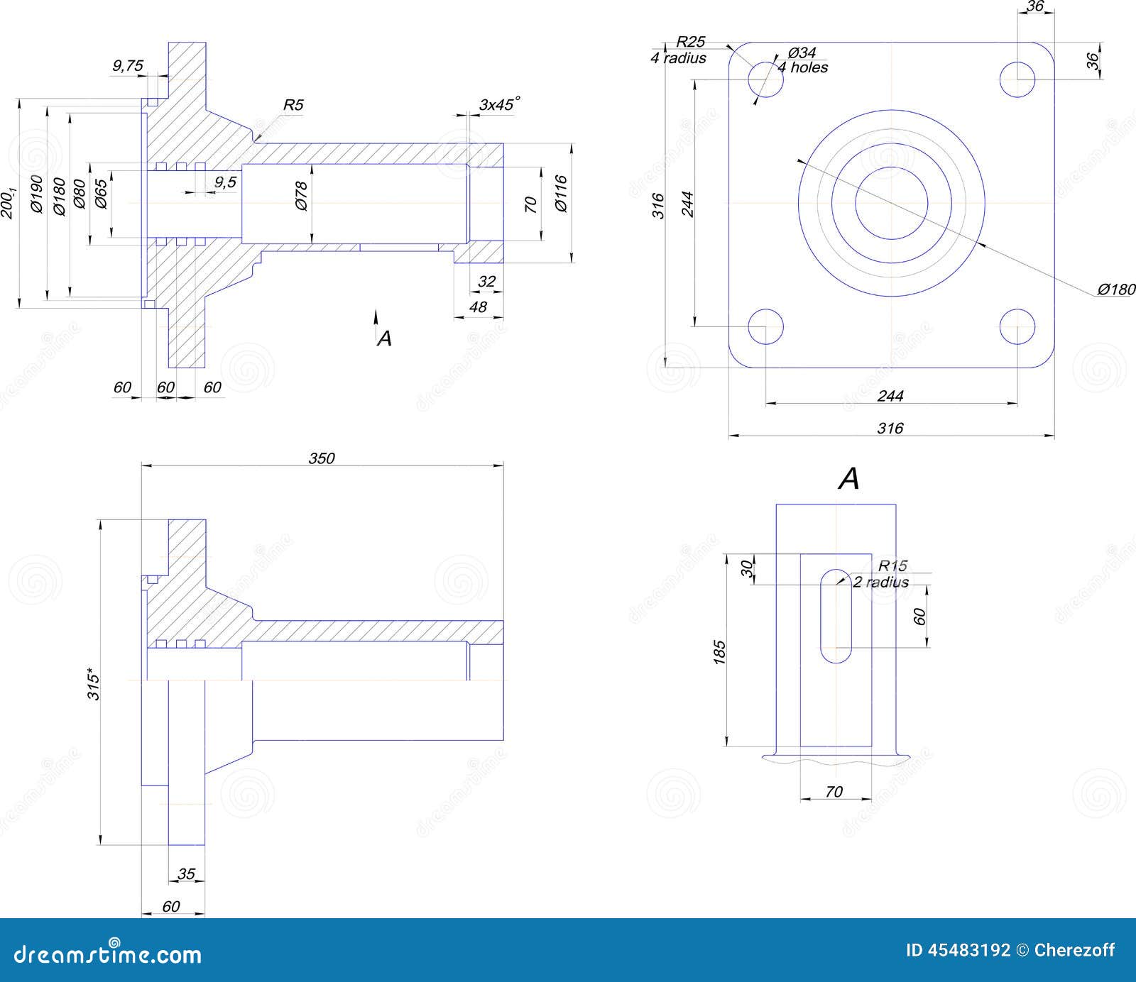 Engineering Drawing of Steel Bush Stock Illustration - Illustration of ...