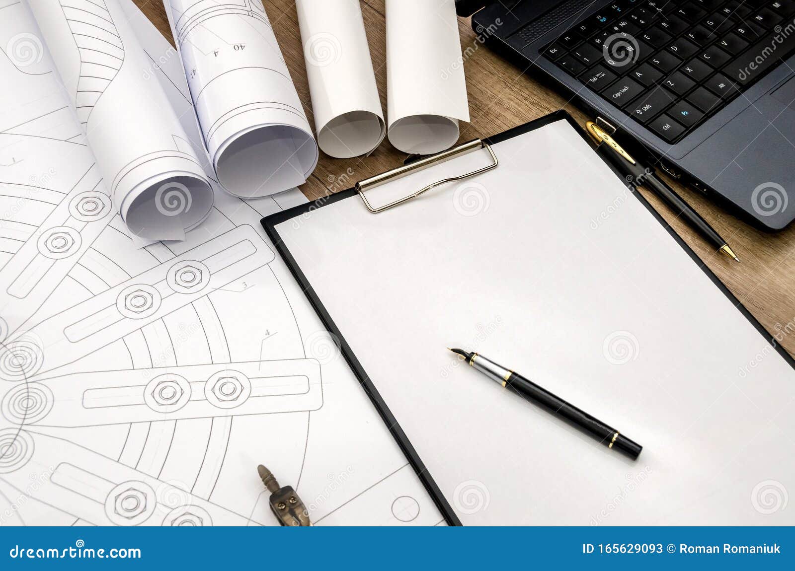 Engineering Drawing with a Tool on the Table Stock Image - Image of ...