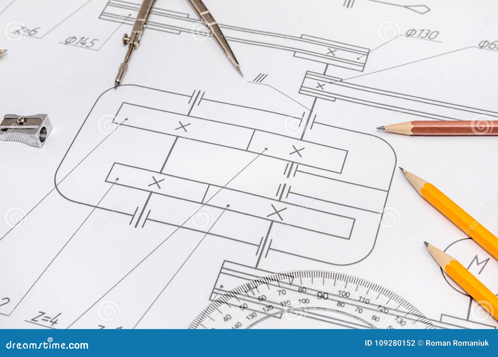 Engineering Drawing with Tools Stock Photo - Image of house, instrument ...