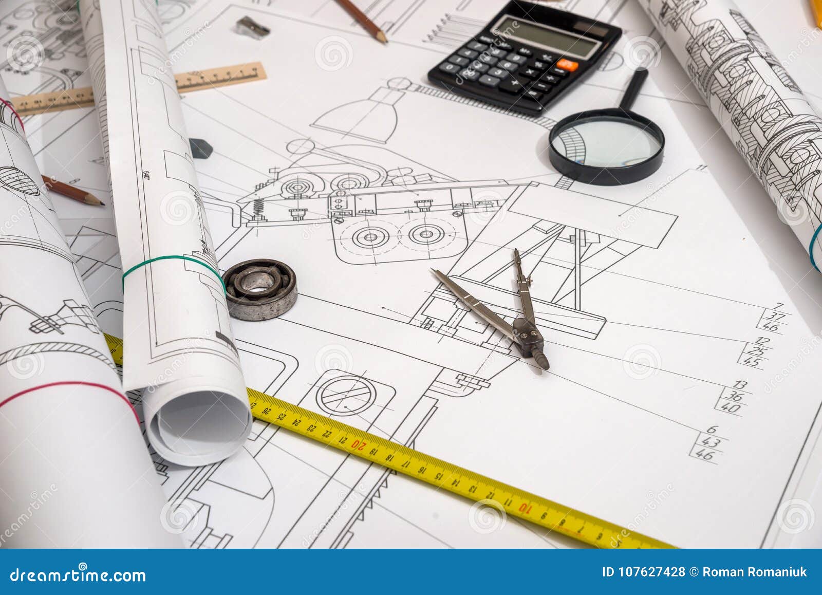 Engineering Drawing with Work Tools Stock Photo - Image of construction ...
