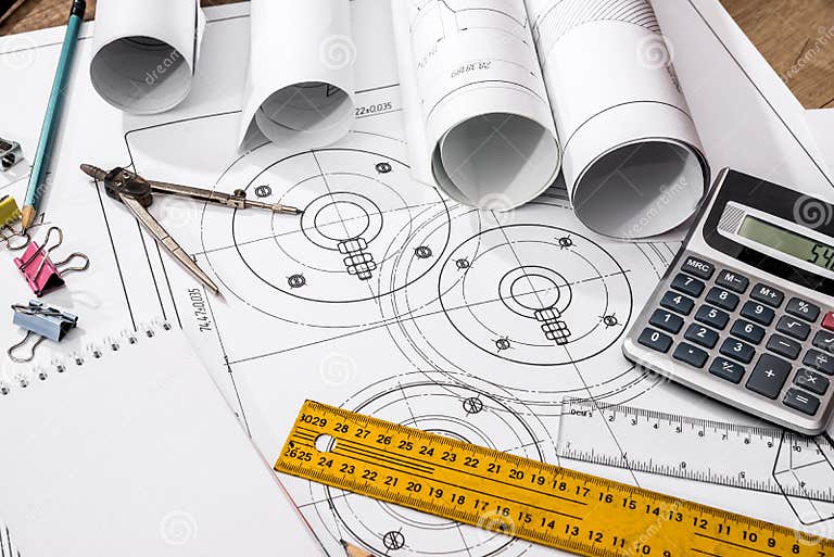 Engineering Drawings with Calculator Stock Image - Image of engineering ...