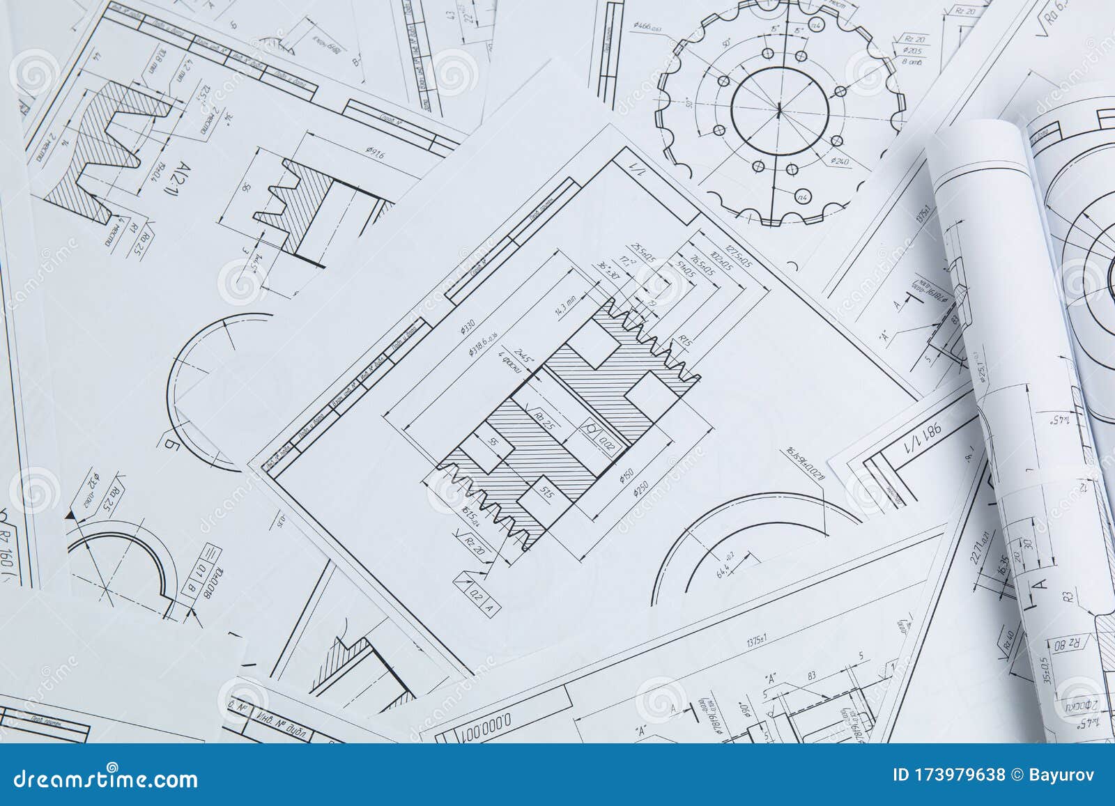Engineering Drawings of Industrial Parts and Mechanisms Stock Photo ...