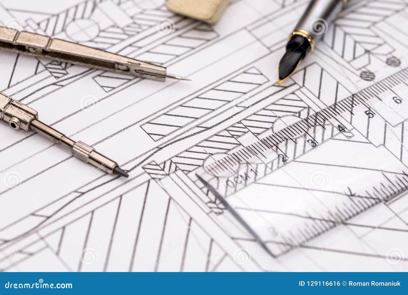 Engineering Drawings, Pen Compasses, Ruler Stock Photo - Image of ...
