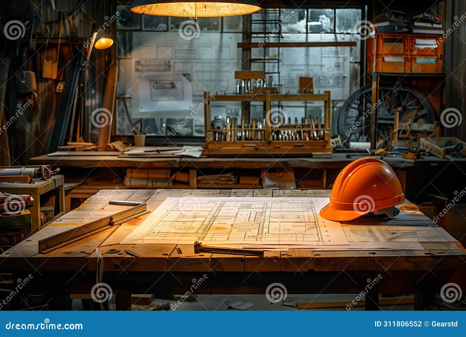 Engineering Drawings and Safety Helmet on Workbench Stock Photo - Image ...