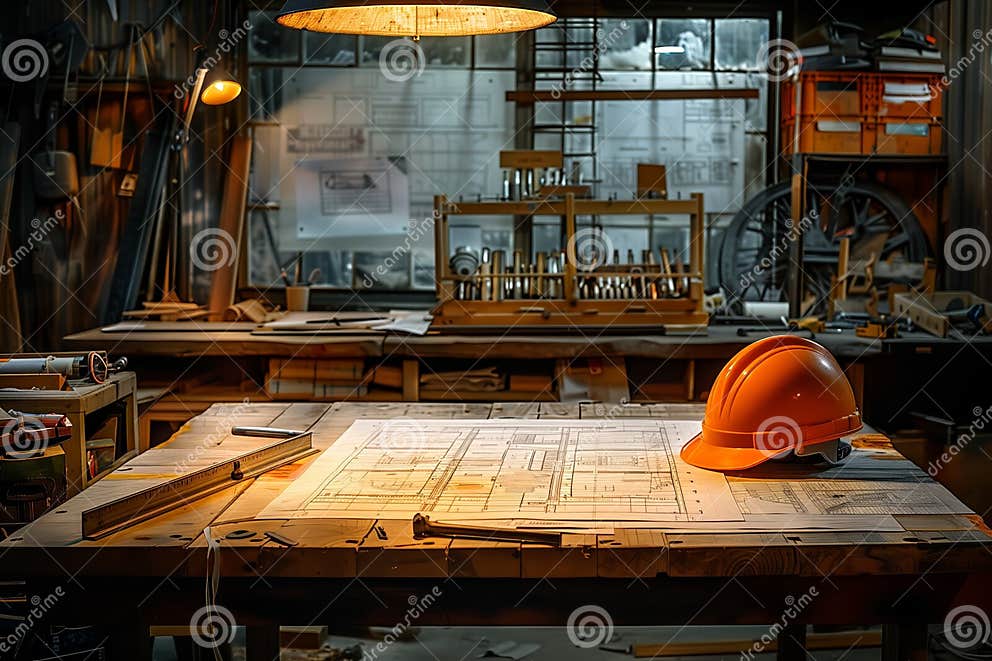 Engineering Drawings and Safety Helmet on Workbench Stock Photo - Image ...