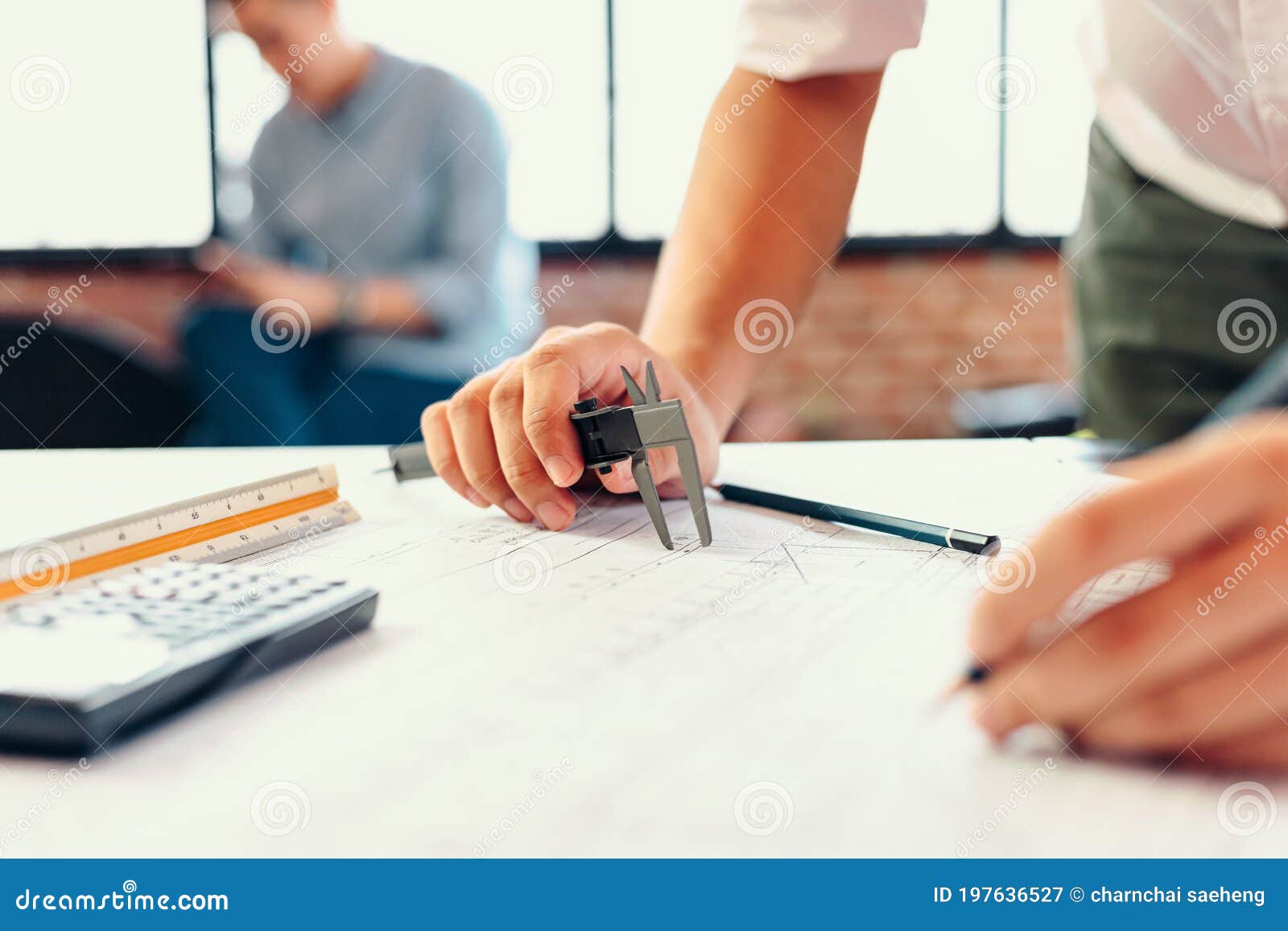 Engineering Hands Hold Vernier Caliper And Pen For Working And Checking ...