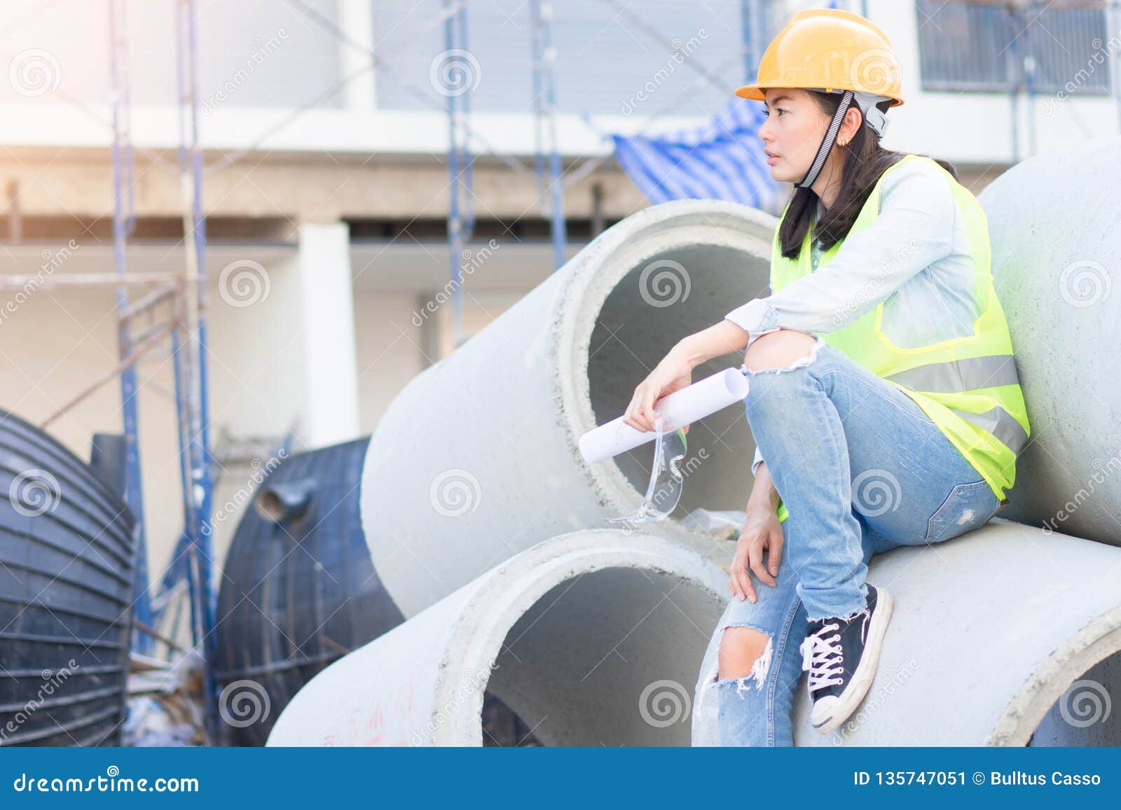 Engineering with Hard Hat at Construction Site Stock Image - Image of ...