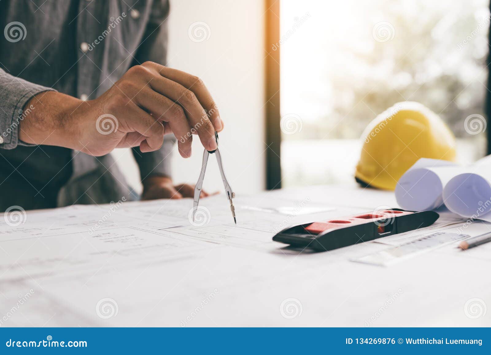 Engineering Man Hand Drawing On Blueprint On Desk Royalty-Free Stock ...